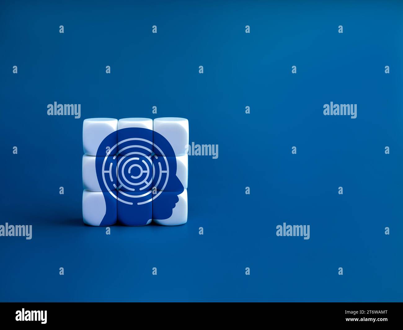 Maze game symbol in human head on completed white puzzle blocks on blue ...