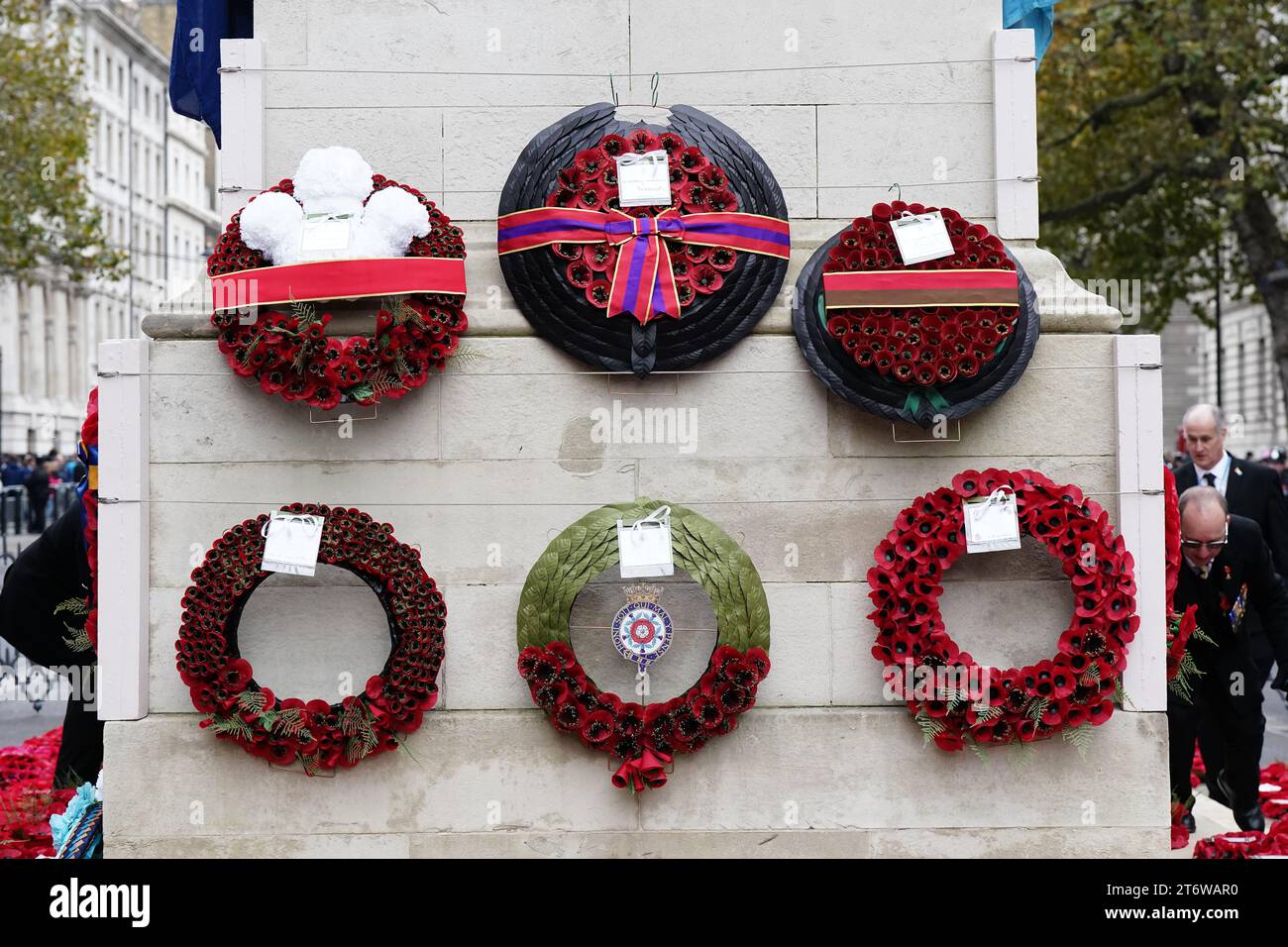Wreaths laid by members of the royal family are hung at the Cenotaph ...