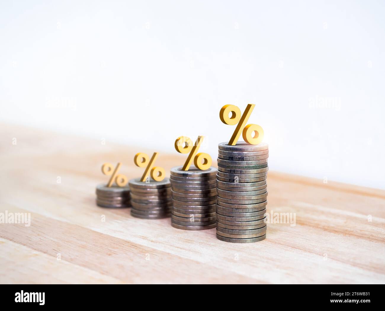 3d Percentage icon on money coin stacked bar graph chart steps on white ...