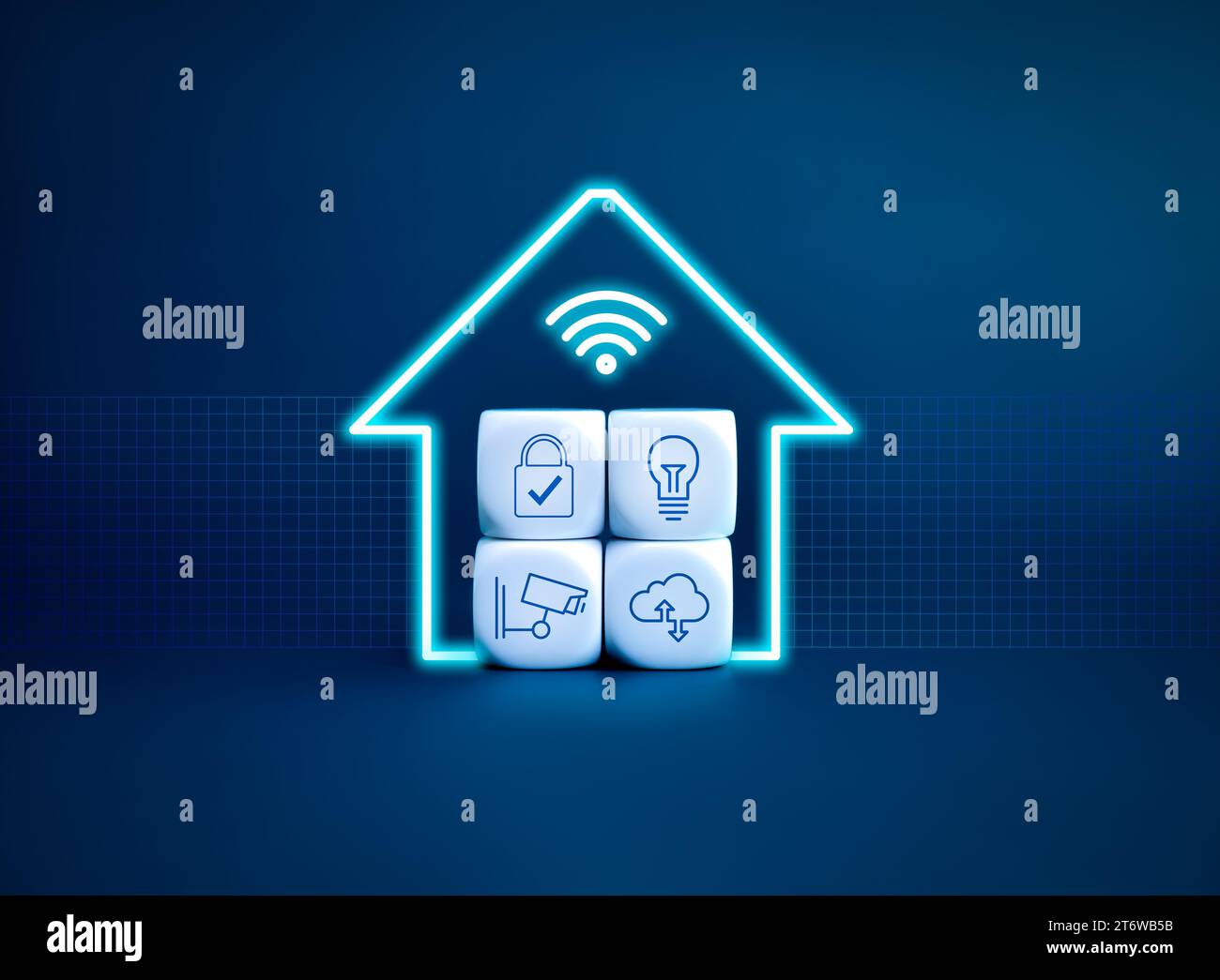 Smart home technology concept. Digital wifi symbol and home shape, neon ...