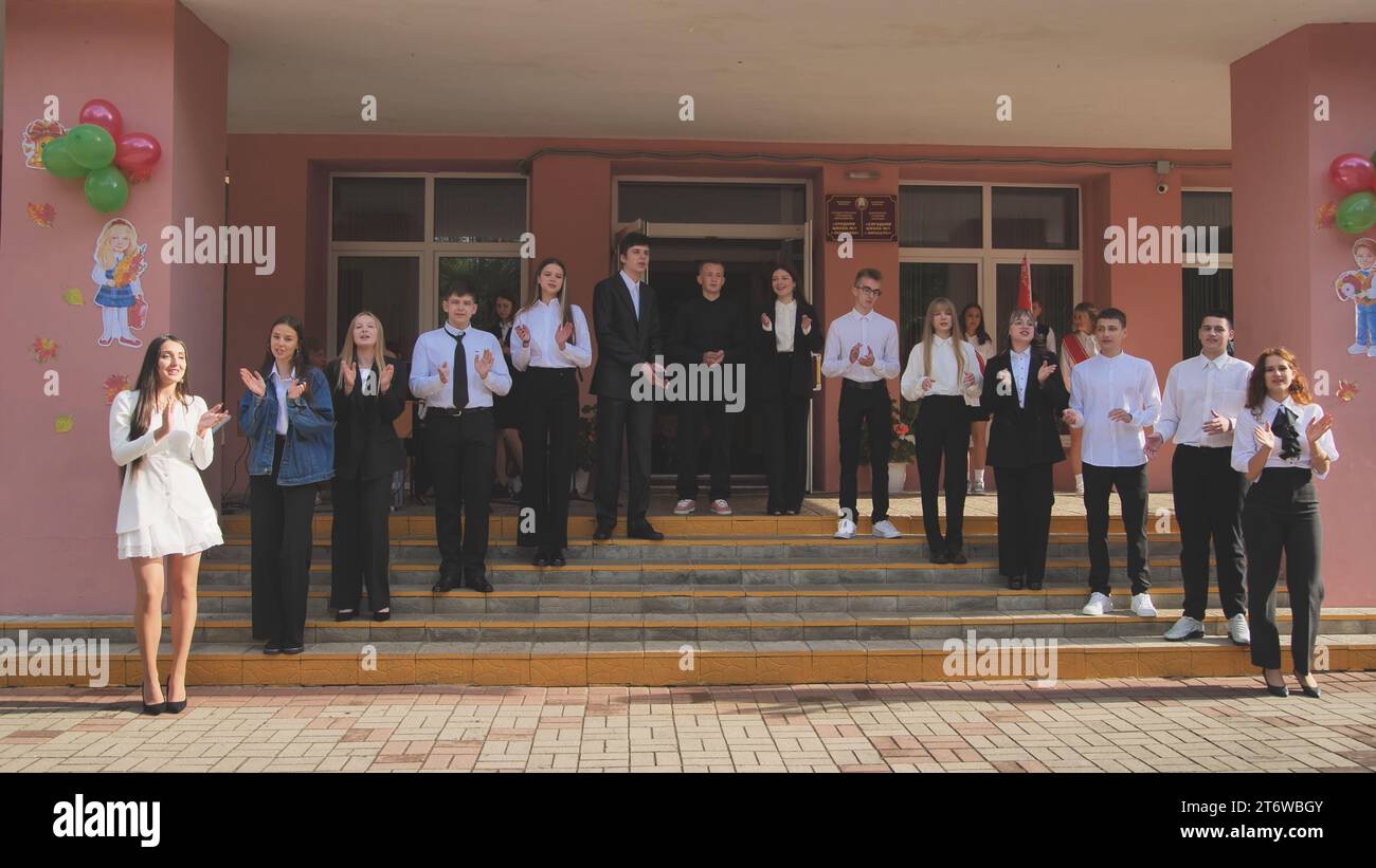 Berezovka, Belarus - September 1, 2022: High school students sing on ...