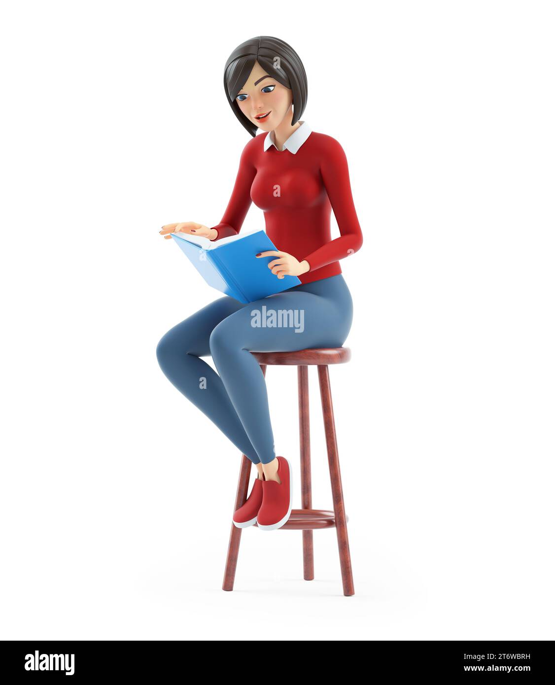 3d casual girl reading book on stool, illustration isolated on white ...