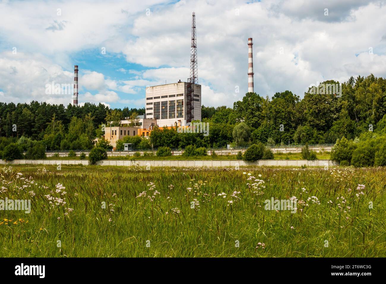 Buildings on the territory of the Obninsk nuclear power plant towering ...