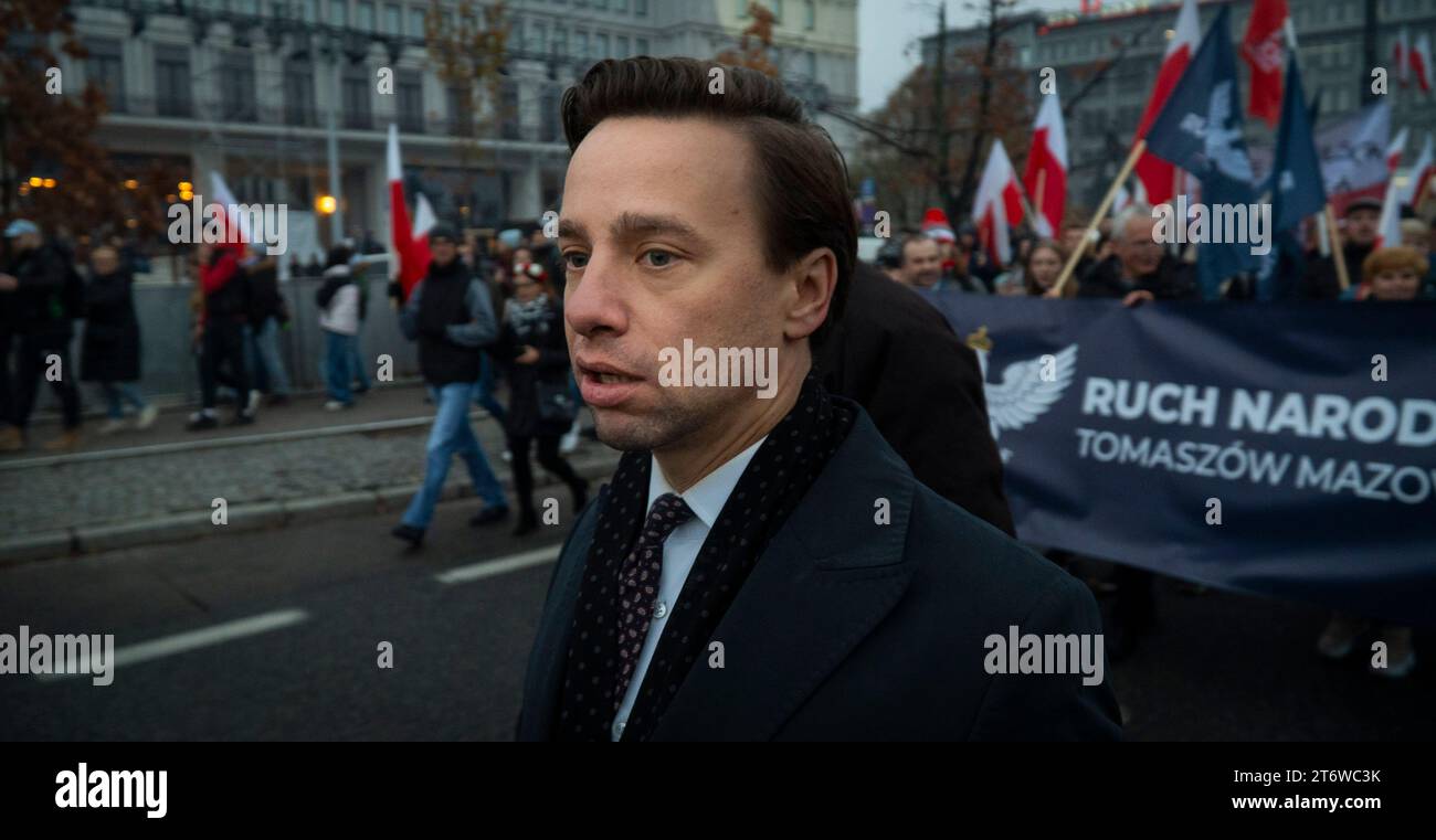 Far-right leader Krzysztof Bosak (c) takes part in the Independence Day ...