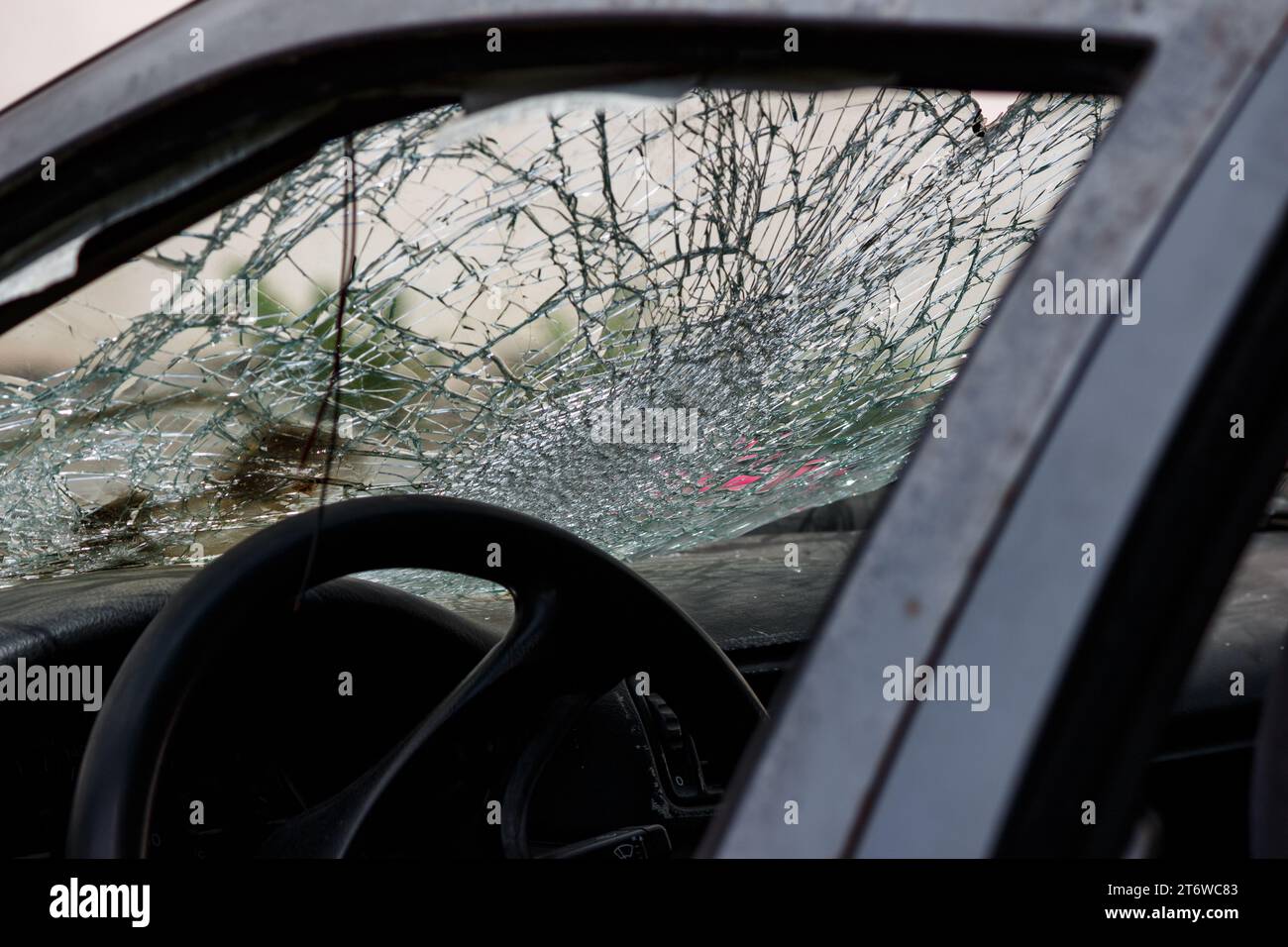 Broken windshield in a car after an accident, view from the inside Stock Photo - Alamy