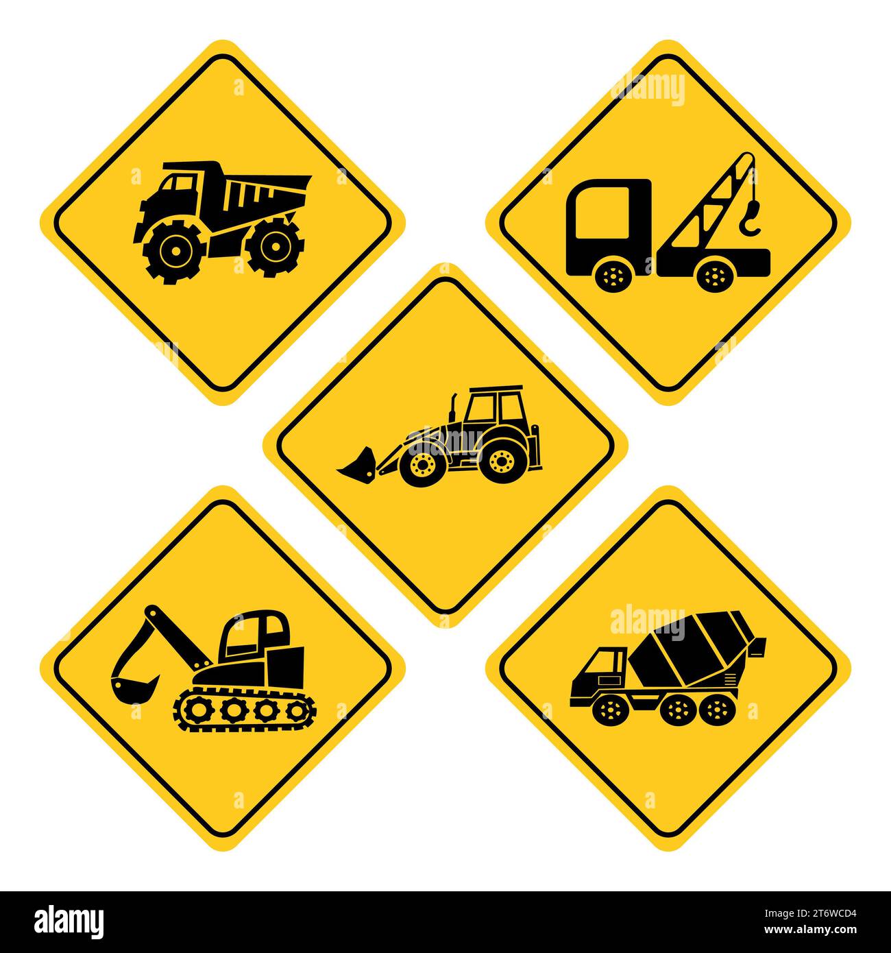 Heavy trucks road sign collection. Excavator, Concrete mixer, Excavator ...