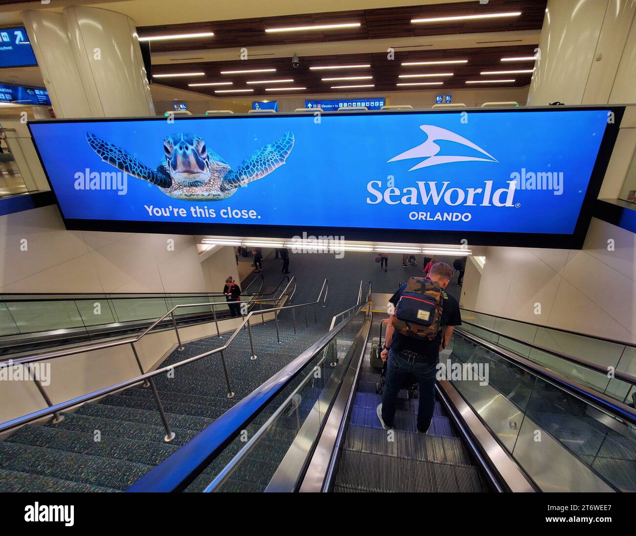 Orlando, Florida, U.S.A - November 11, 2023 - Passengers on the elevator going downstairs and ...