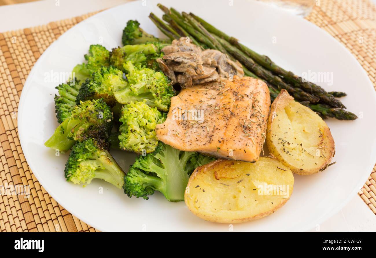 Delicious dish of fried river trout fillet with garnish of broccoli ...