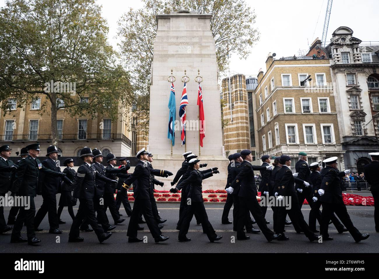 Veterans march during the Remembrance Sunday service at the Cenotaph in ...