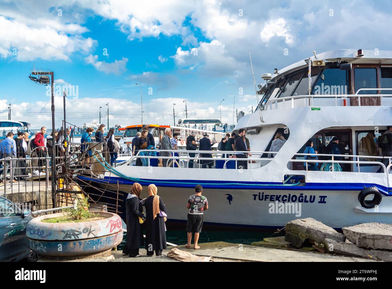 Istanbul, Turkey, Passengers embarking on a ferry at Karakoy ferry ...
