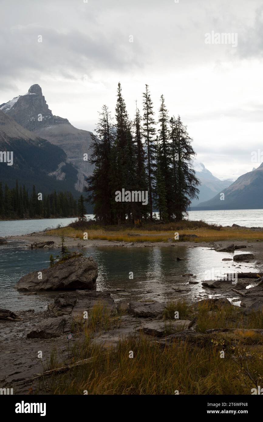 Spirit Island a tiny tied island in Maligne Lake in Jasper National ...