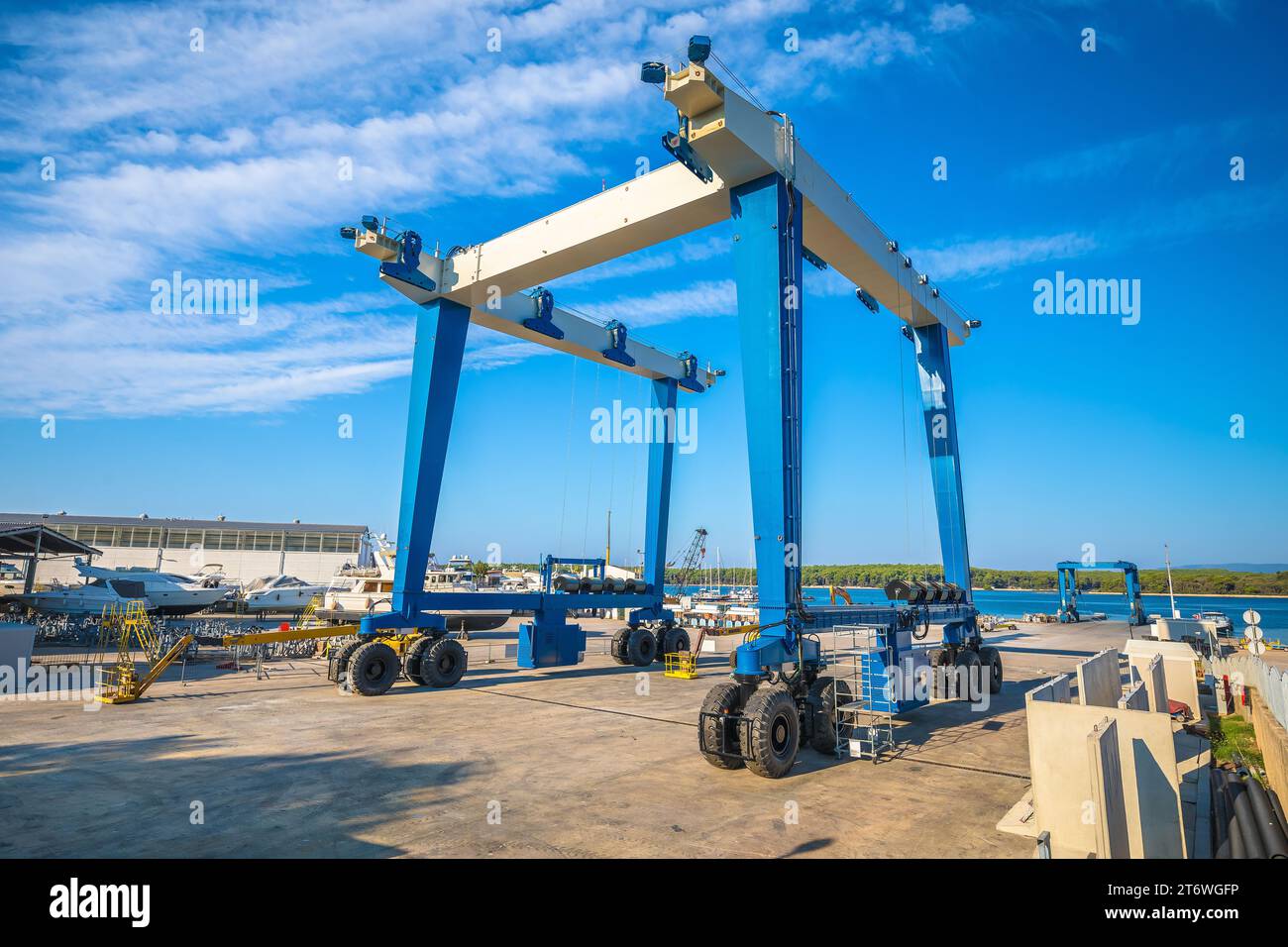 Large shipyard crane in yachting marina view, Krk island of Croatia ...