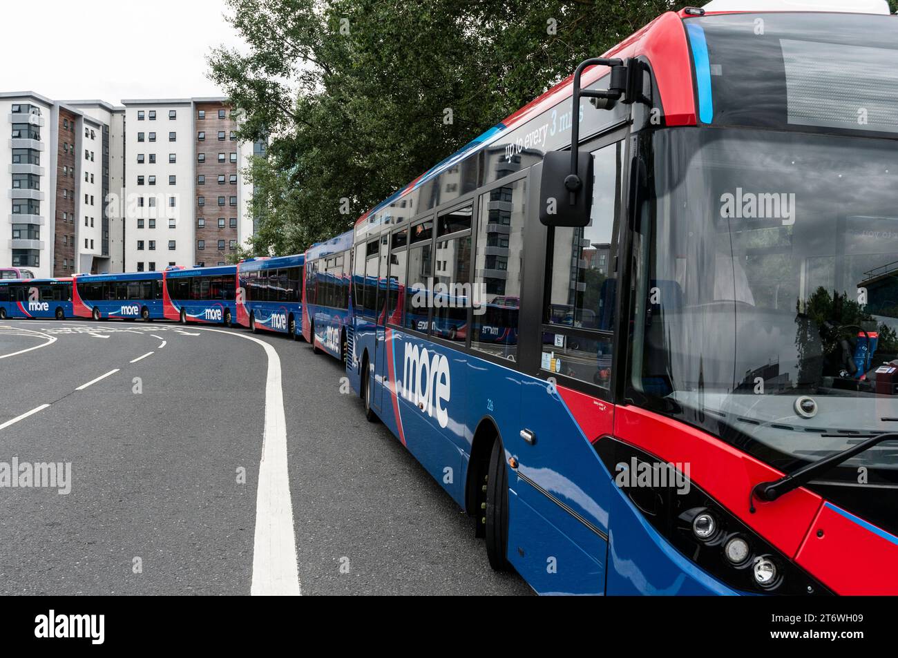 Parked up queue of not in service buses, Poole, Dorset Stock Photo - Alamy