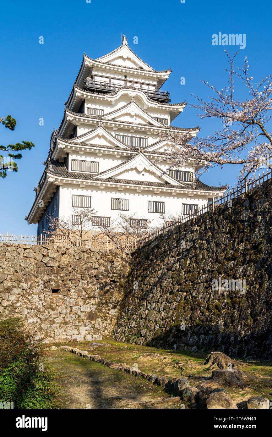 Fukuyama castle, Japan. Ishigaki stone wall of the Honmaru, with the ...