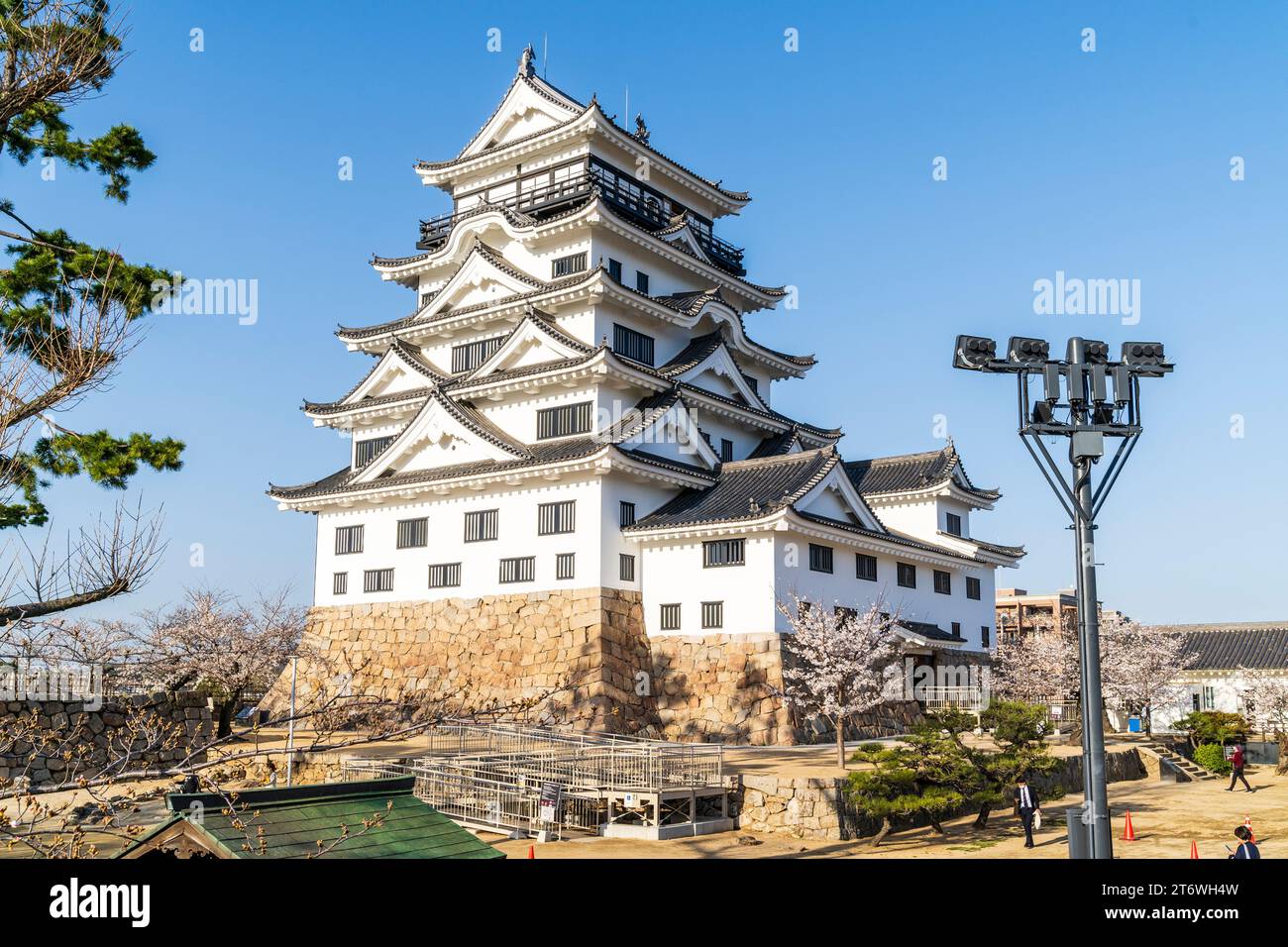 Fukuyama castle in Japan. Surrounded by cherry blossoms in the ...