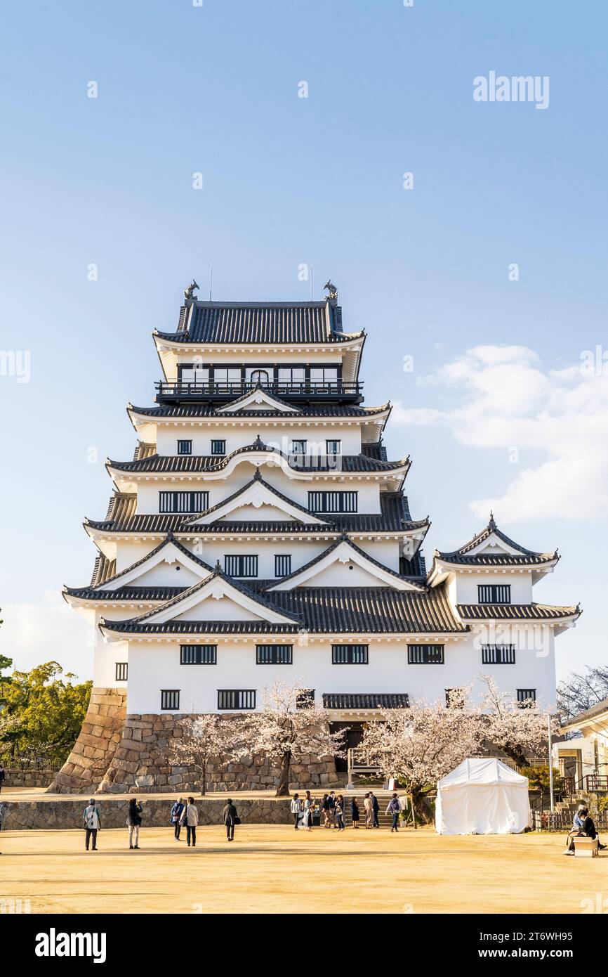 Fukuyama castle in Japan. Surrounded by cherry blossoms in the ...