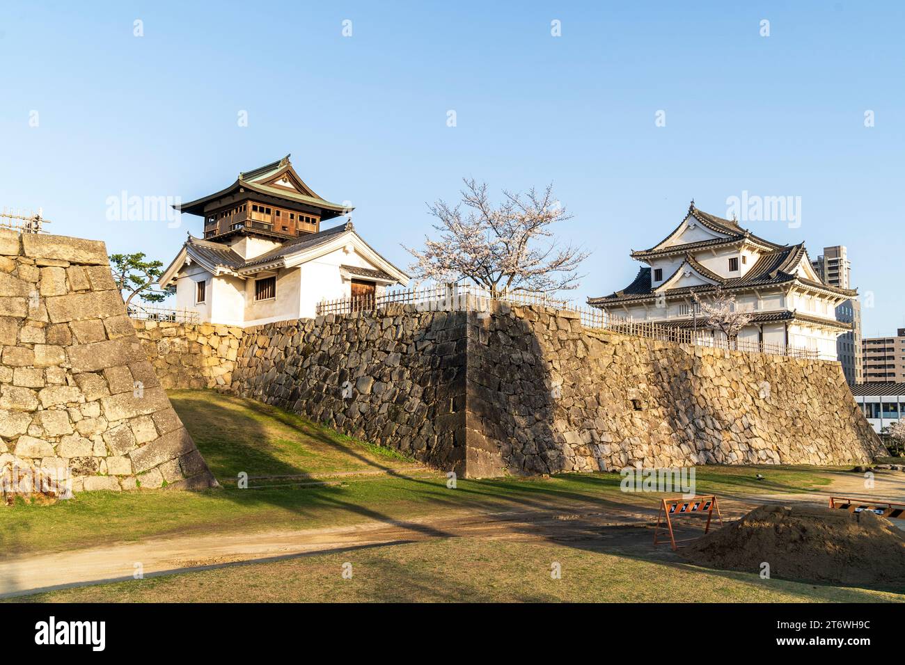 Fukuyama castle in Japan. Bell turret, Shorou, and the Fushimi yagura ...