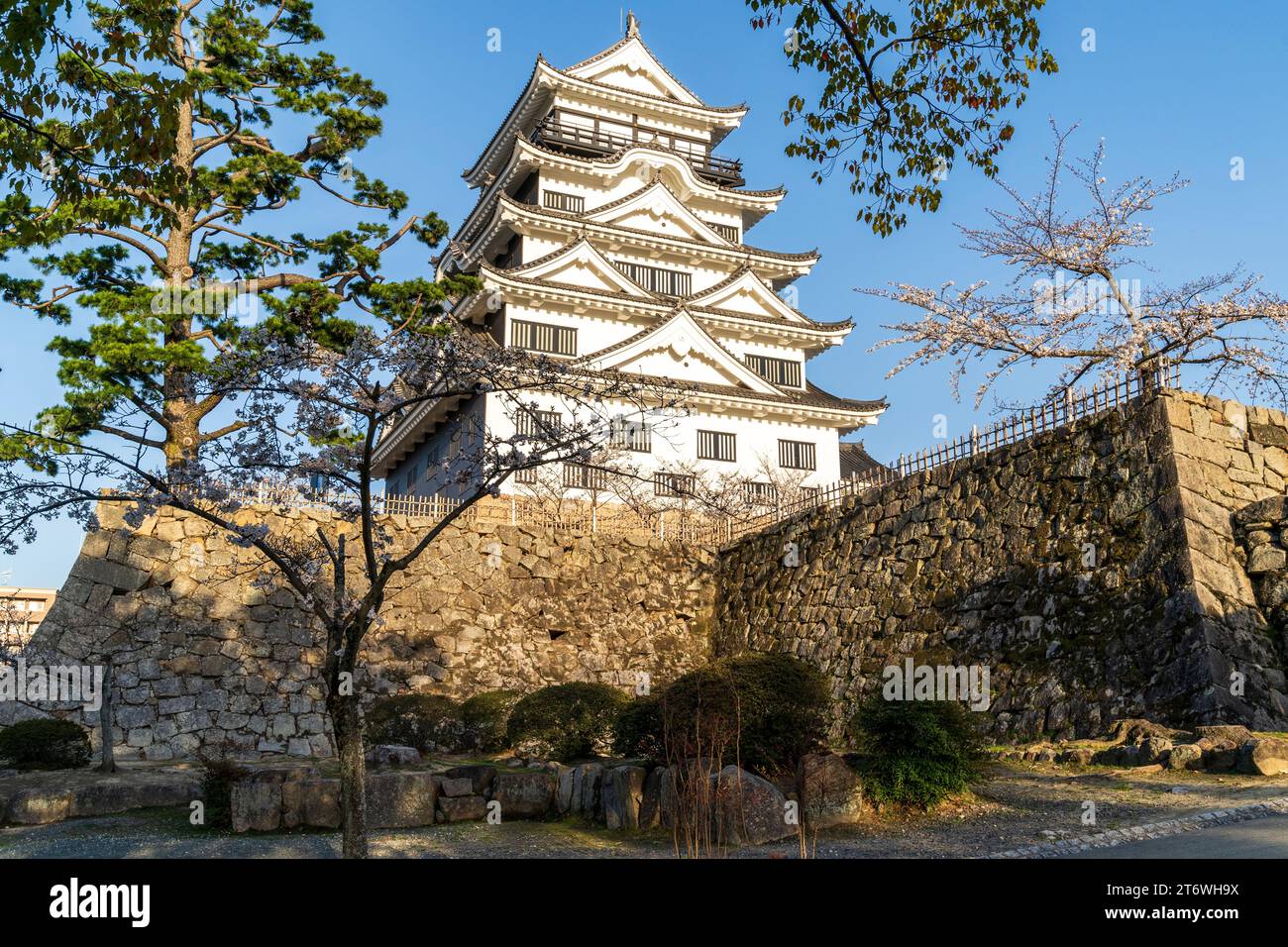 Fukuyama castle, Japan. Ishigaki stone wall of the Honmaru, with the ...