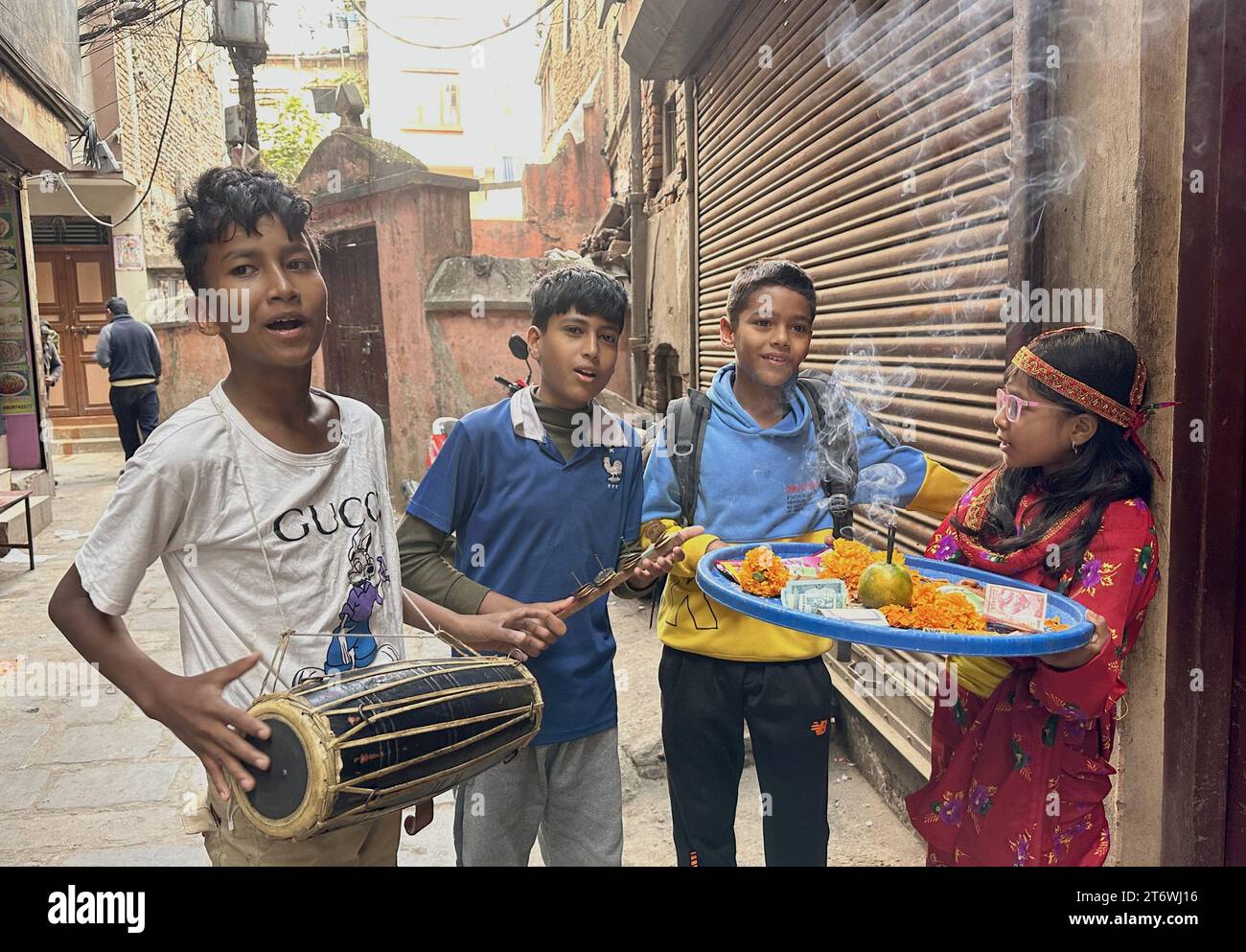November 12, 2023, Kathmandu, Bagmati, Nepal: Nepali kids sing and play ...
