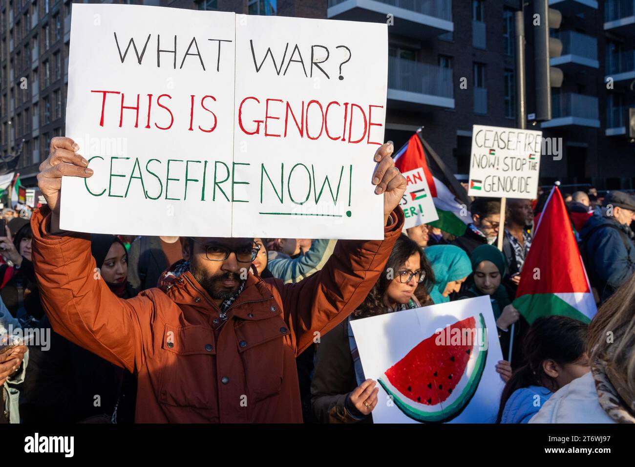 London, UK. 11th November, 2023. Pro-Palestinian protesters attend an ...