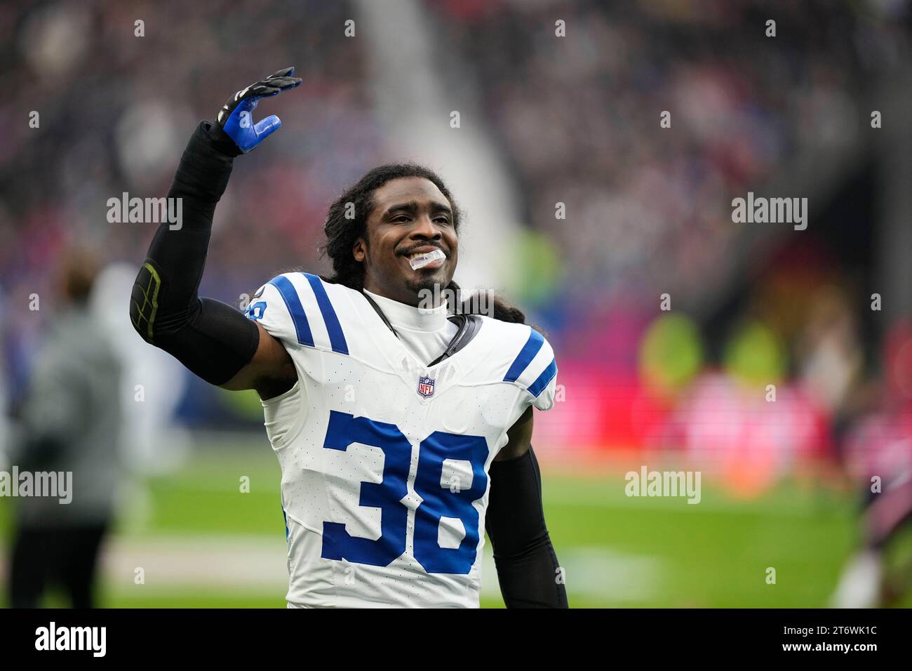 Indianapolis Colts cornerback Tony Brown (38) responds on the Feld as ...