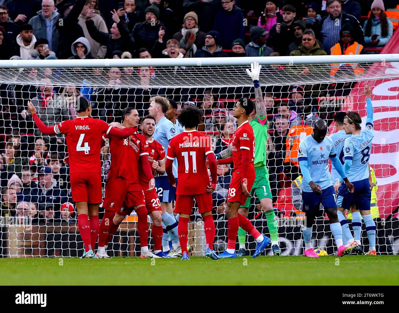 Liverpool's Darwin Nunez celebrates with his team-mates after scoring a ...