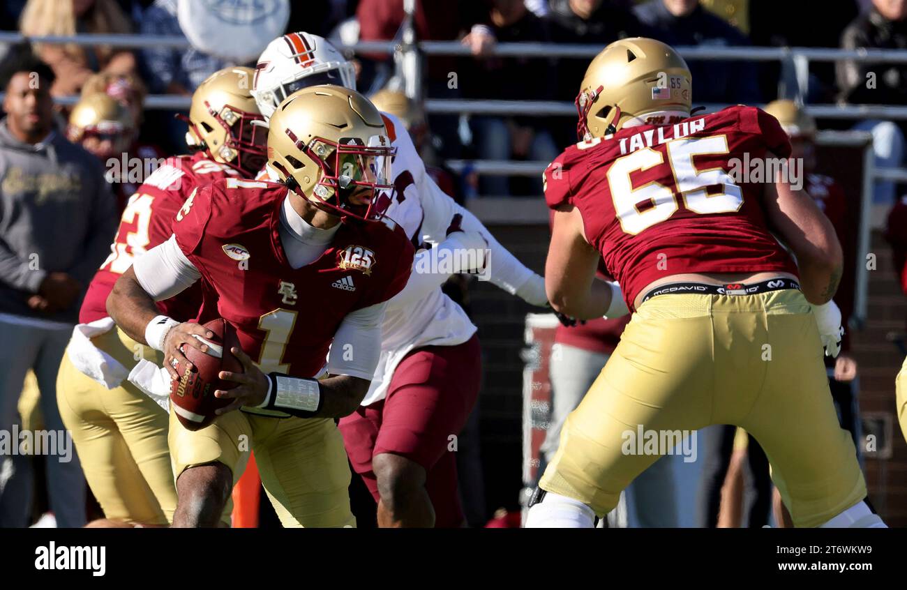 Boston College quarterback Thomas Castellanos (1) finds protection from ...