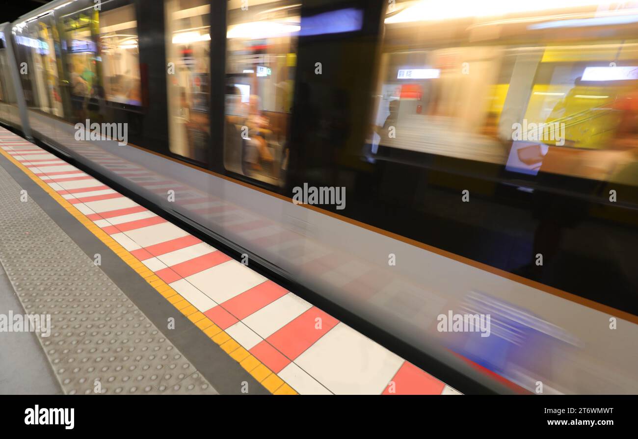 moving subway car at the departure in the underground terminus of the ...