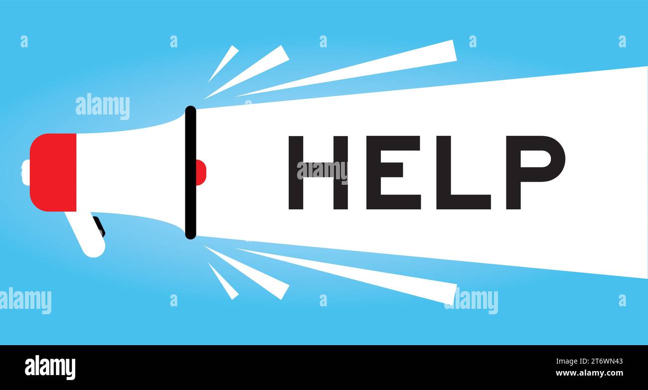 Color megaphone icon with word help in white banner on blue background ...
