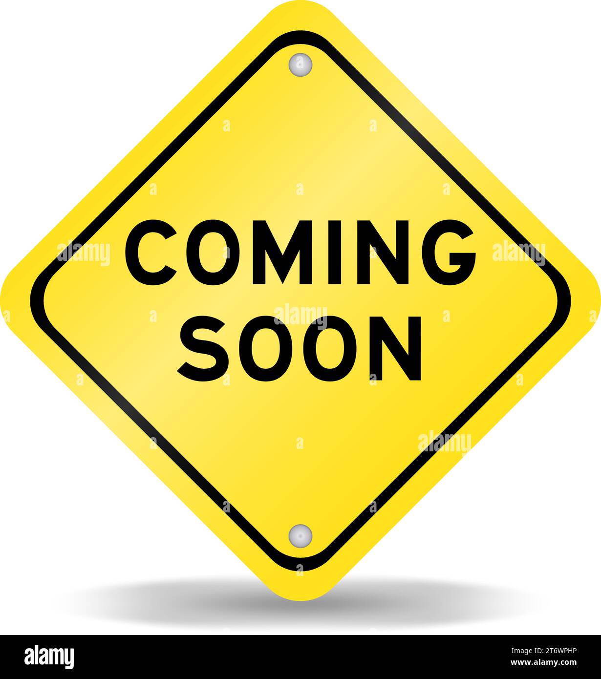 Yellow color transportation sign with word coming soon on white ...
