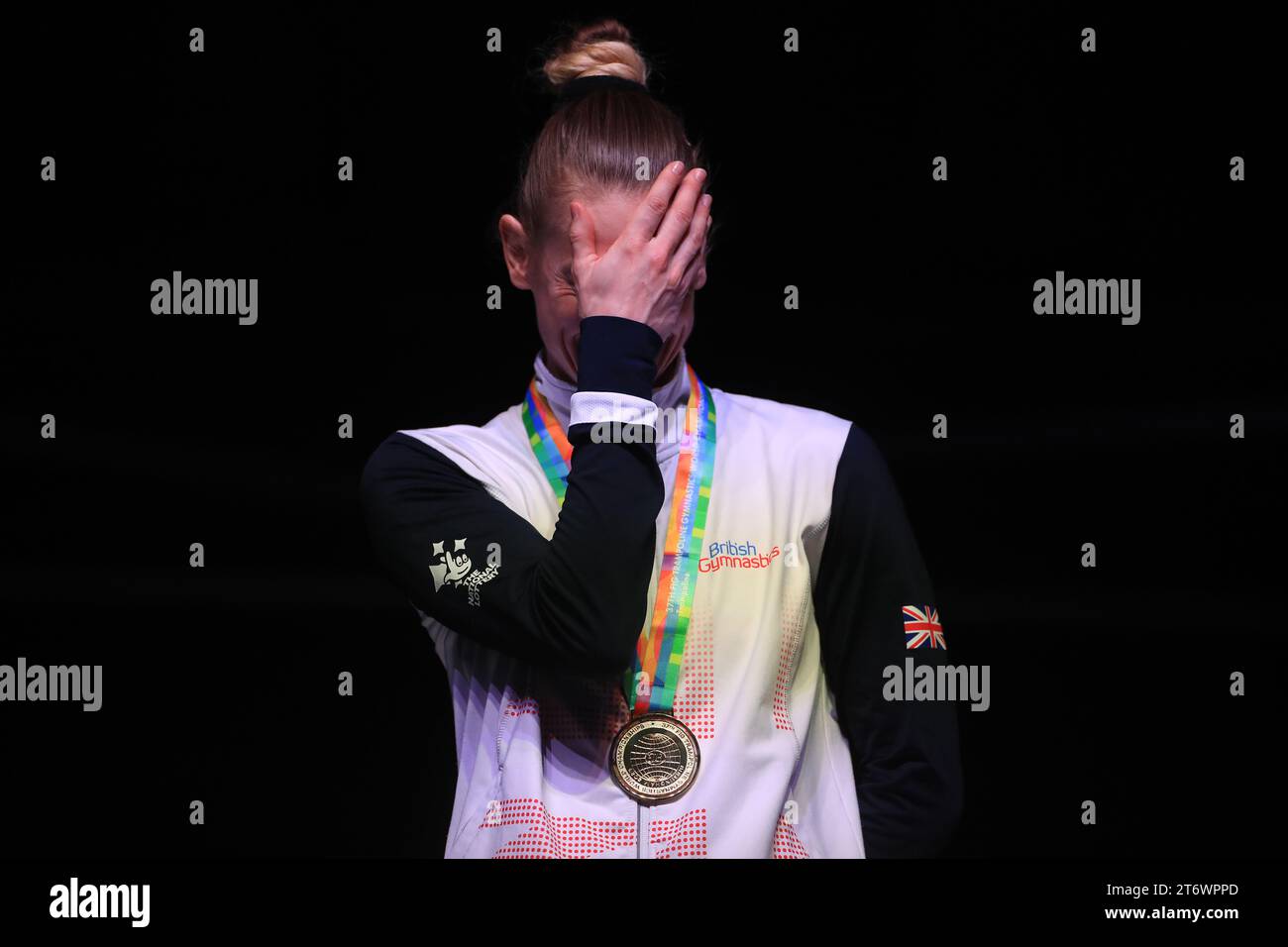 Great Britain’s Bryony Page appears emotional on the podium with her ...