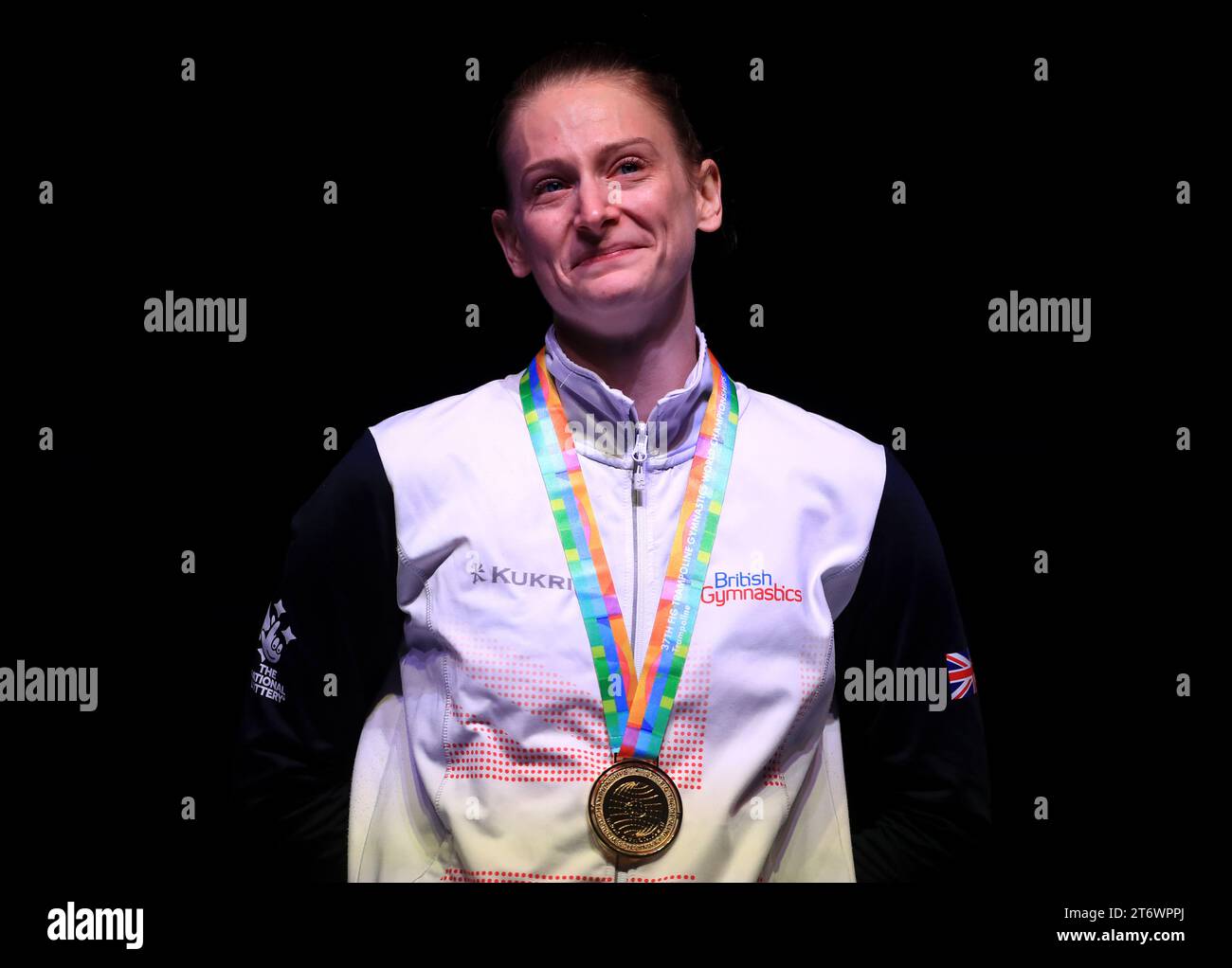 Great Britain’s Bryony Page appears emotional on the podium with her ...