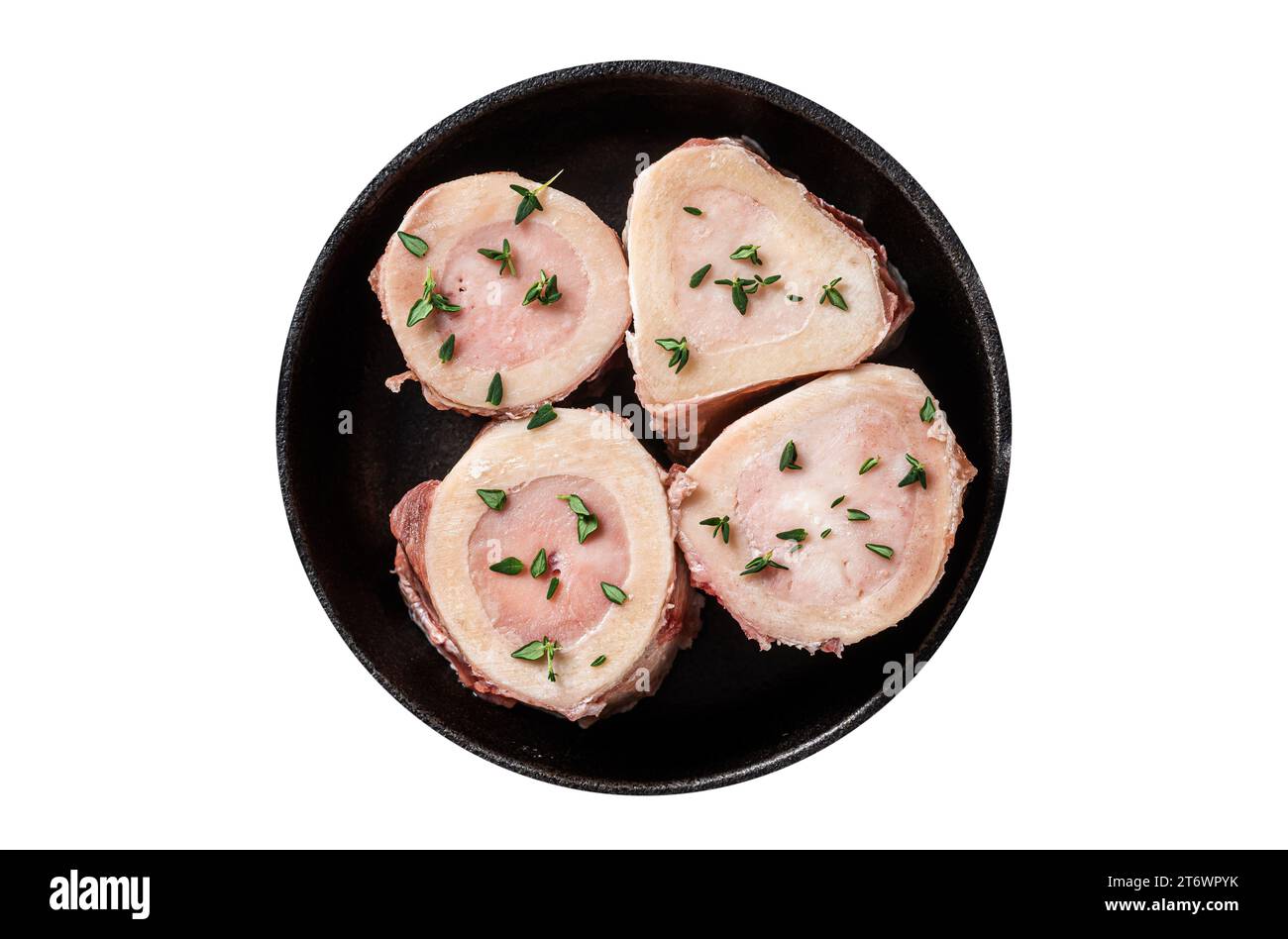 Fresh Raw beef Marrow bones in pan for cooking broth. Isolated, white ...