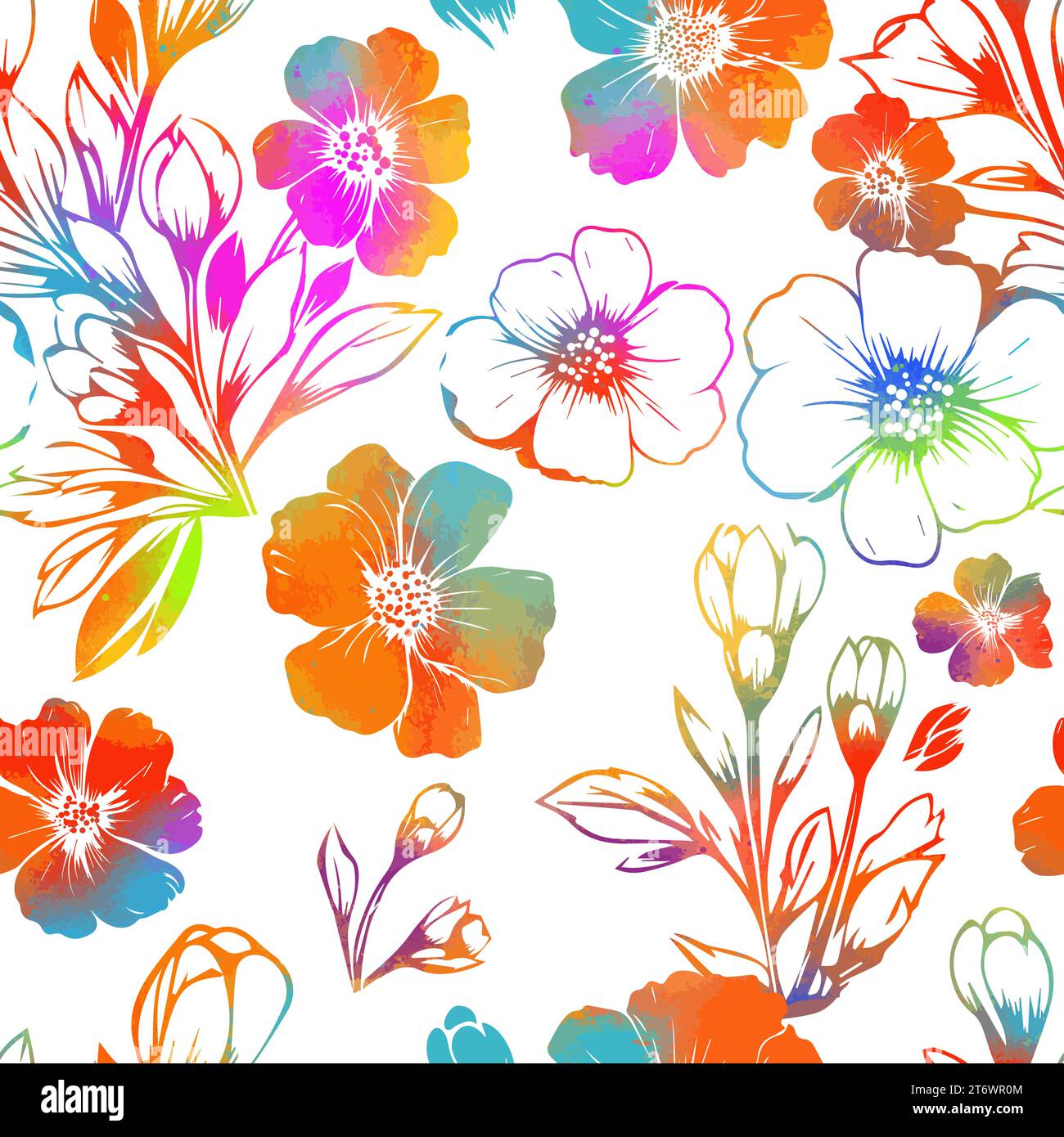 Seamless background of colored flowers. hand drawing. Not AI, Vector ...