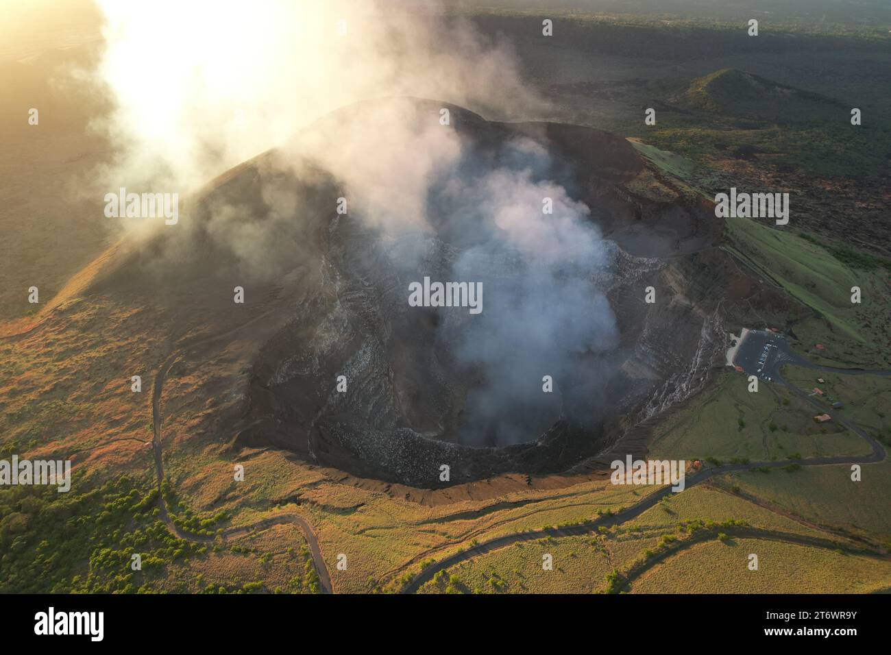 Masaya active volcano crater above aerial drone view landscape Stock ...