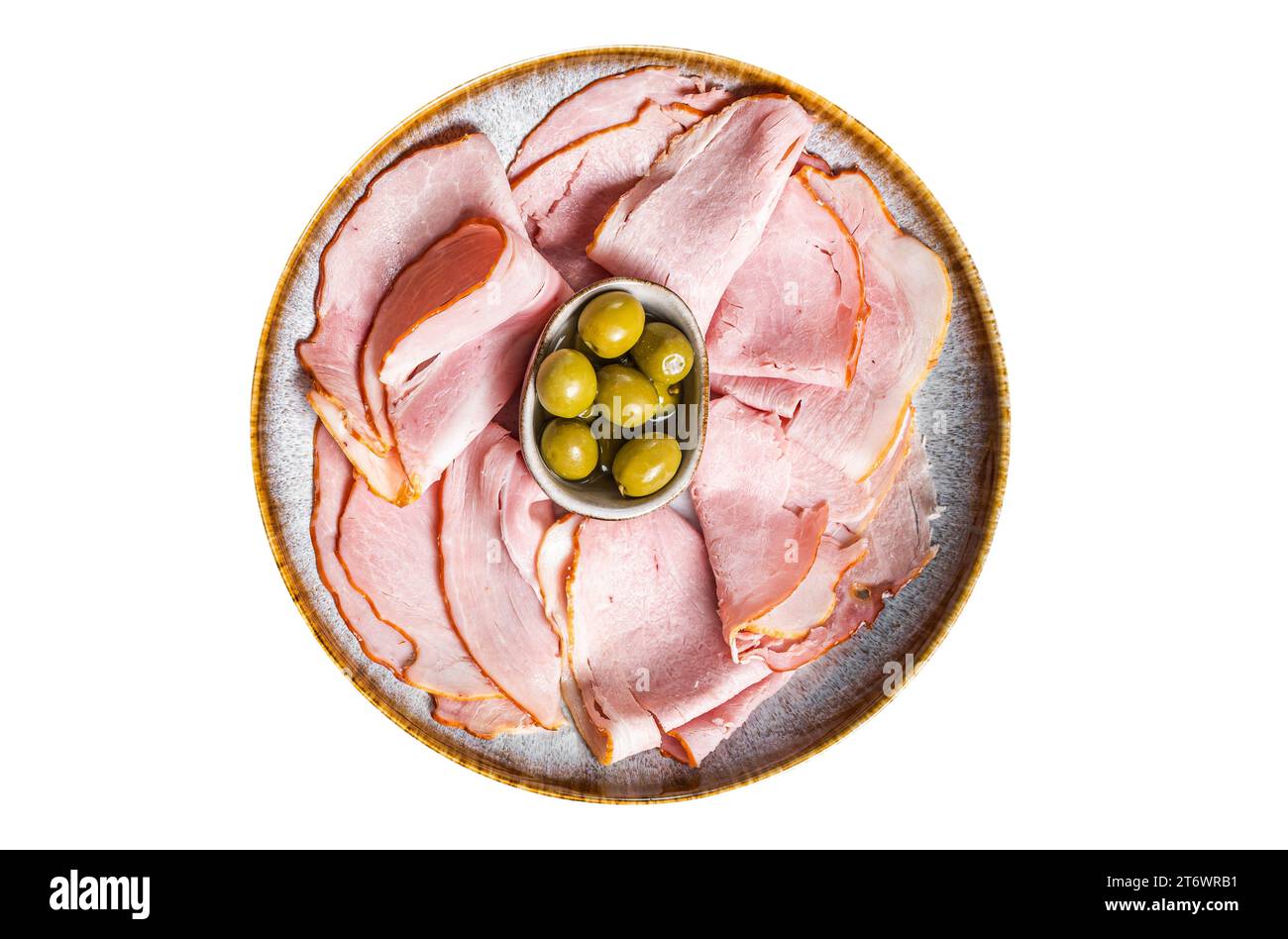 Smoked Ham slices in plate with olives. Isolated, white background. Top ...