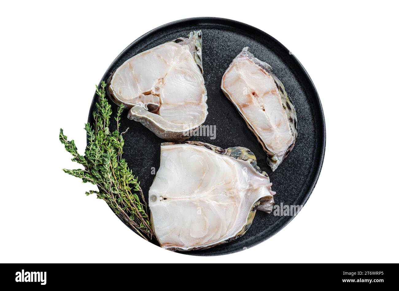 Fresh Raw wolffish o wolf fish Steak on a plate. Isolated, white ...
