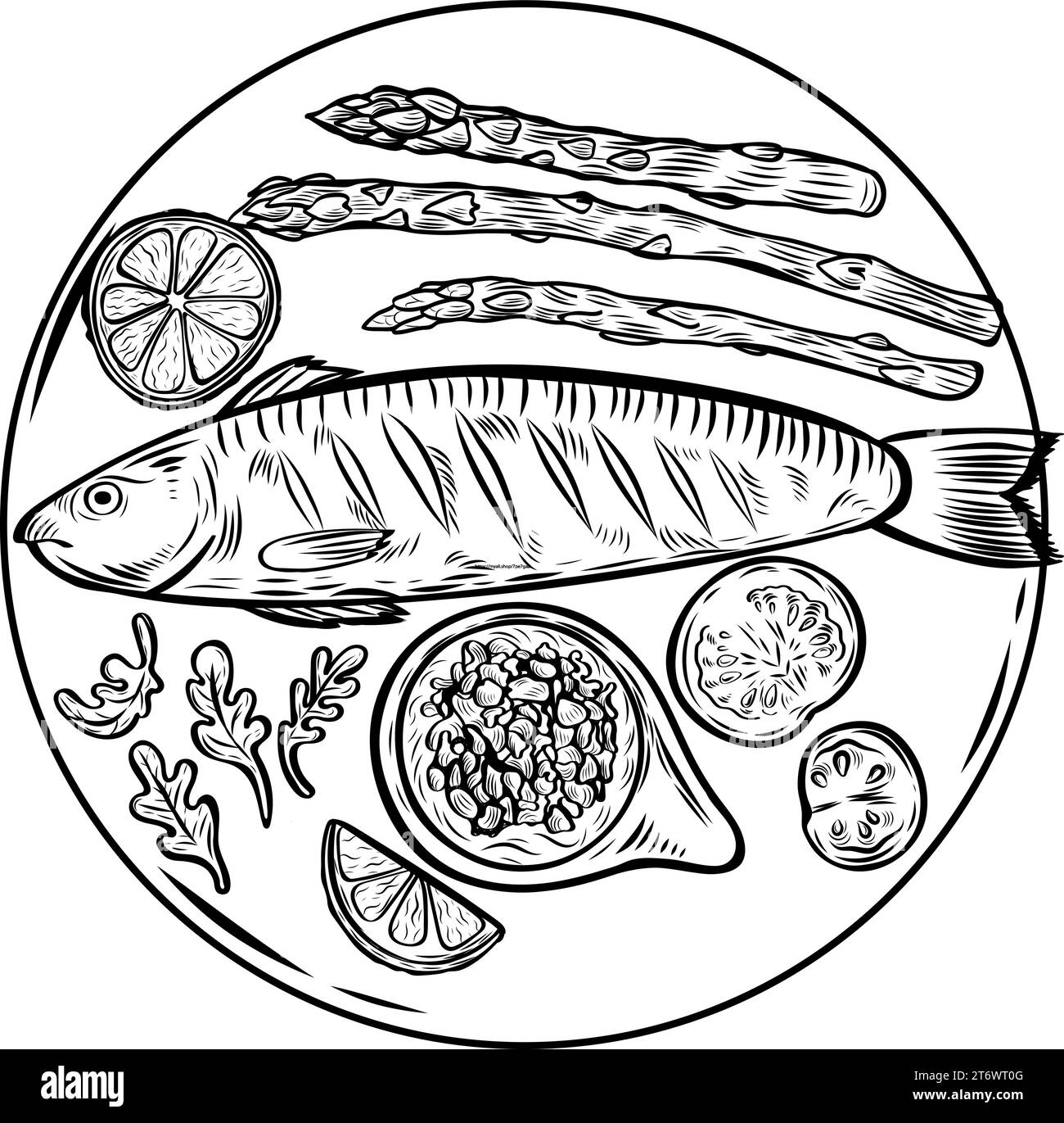Fish and vegetables dish line drawing vector illustration Stock Vector ...