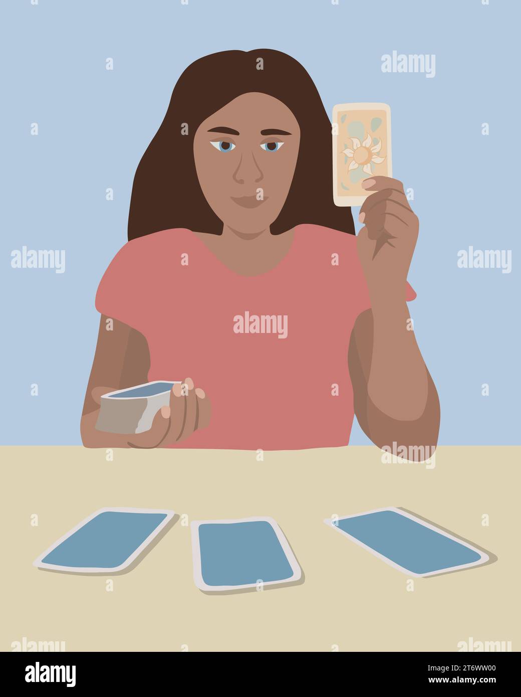 Vector isolated illustration of a girl fortune telling on tarot cards ...