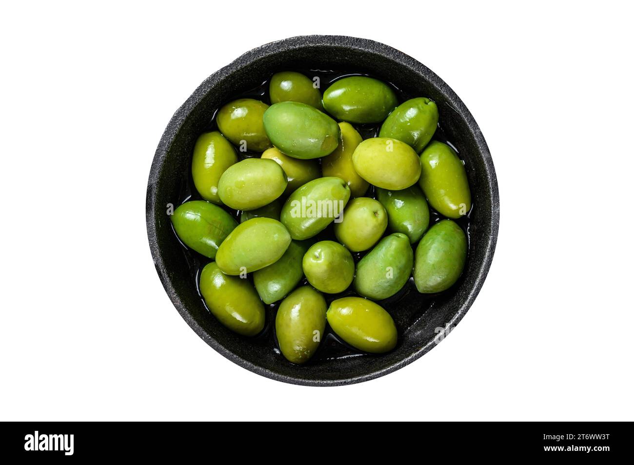 Green big olives in bowl with thyme. Isolated, white background. Top ...