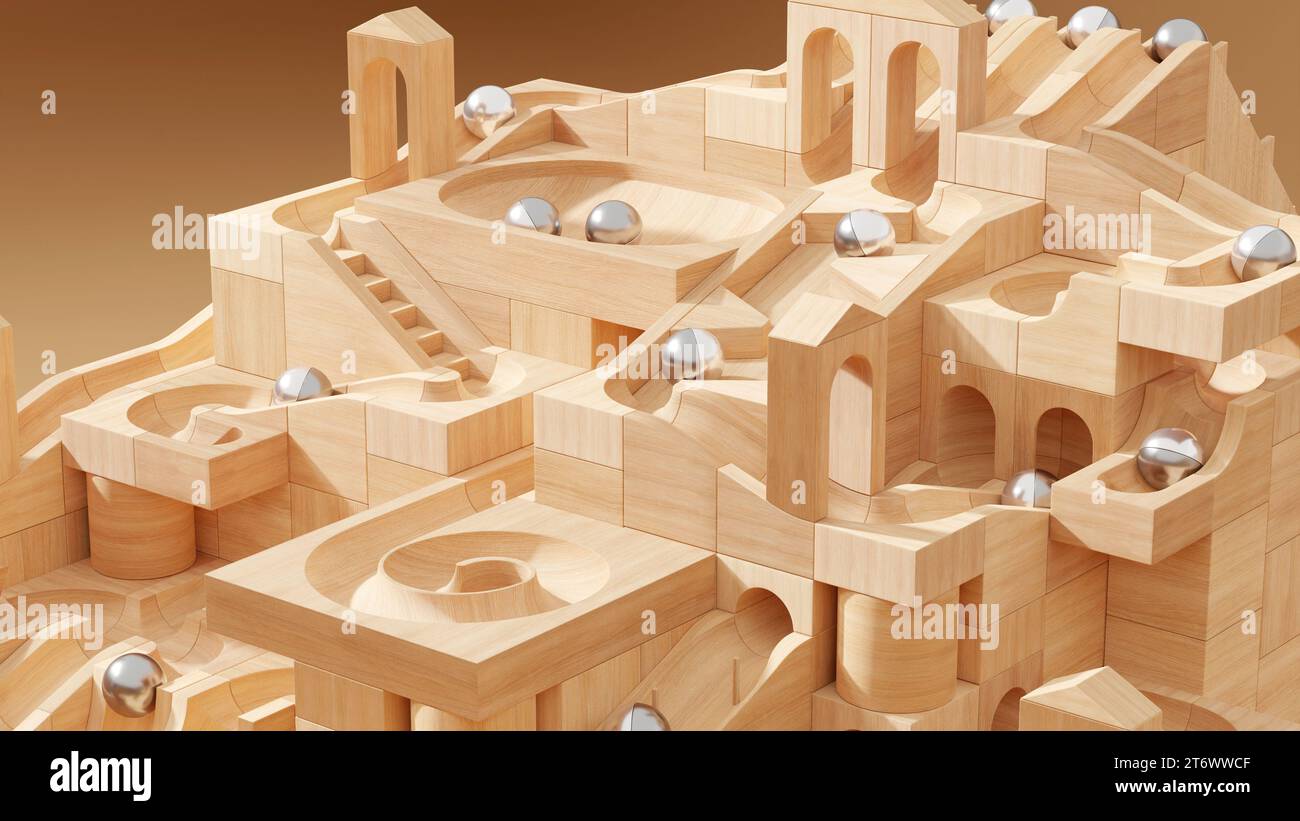 Wooden marble run machine on plain background. Rolling ball toys with ...