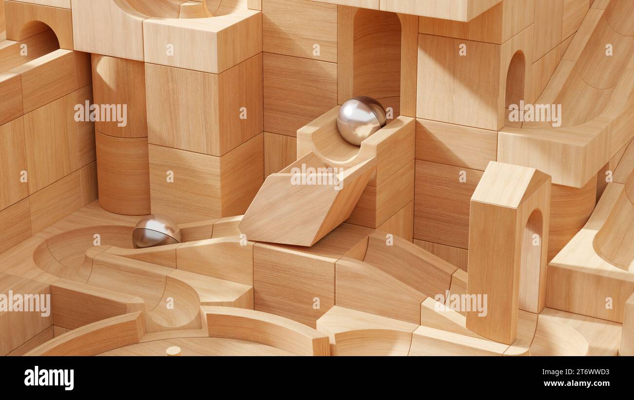 Wooden marble run machine on plain background. Rolling ball toys with ...
