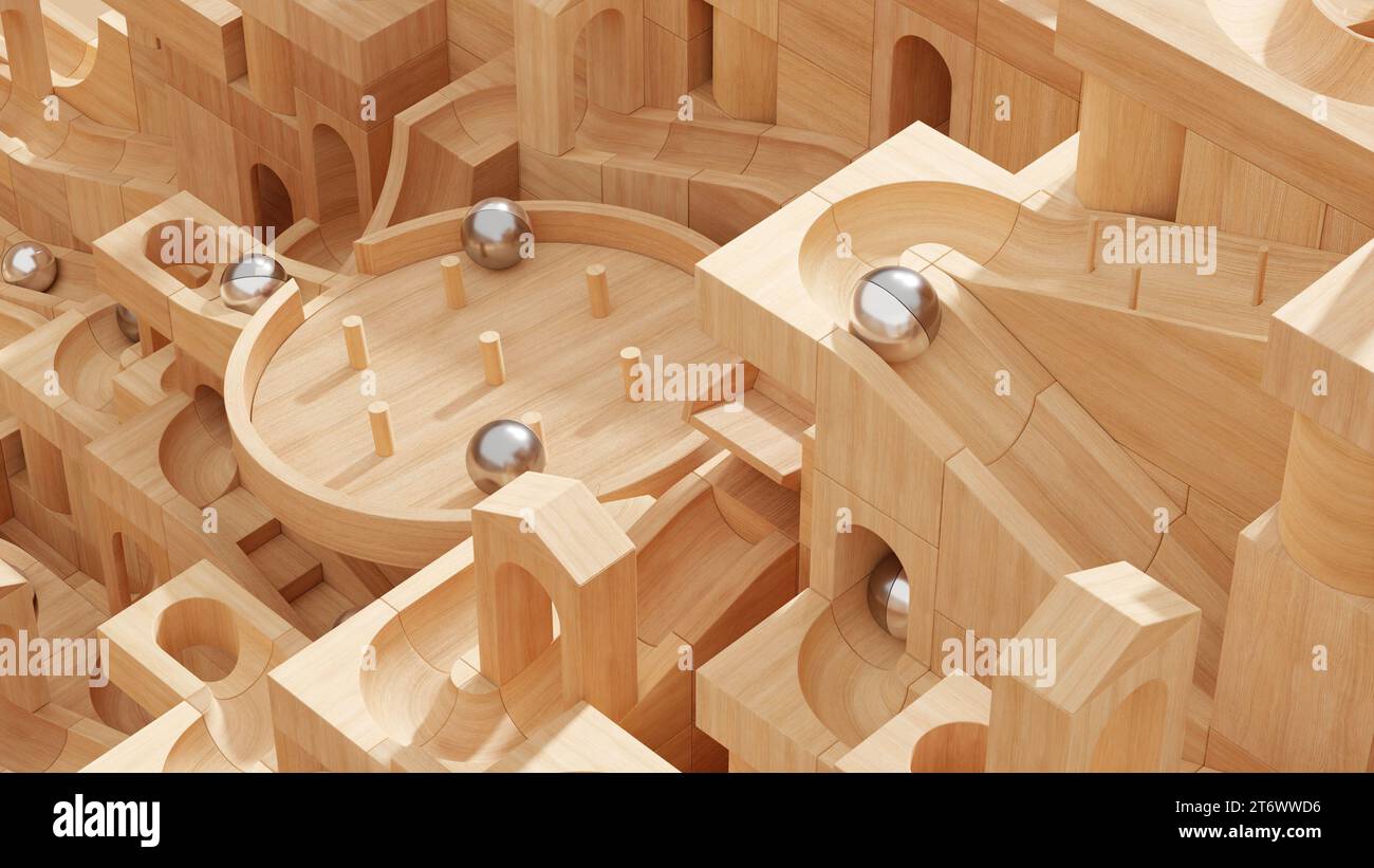 Wooden marble run machine on plain background. Rolling ball toys with ... Wooden marble run machine on plain background. Rolling ball toys with ...