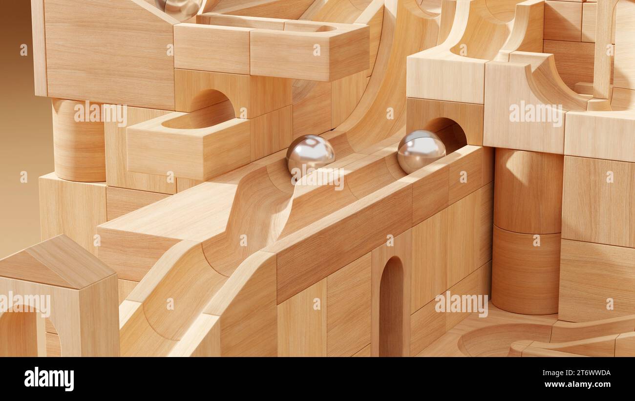 Wooden marble run machine on plain background. Rolling ball toys with ...