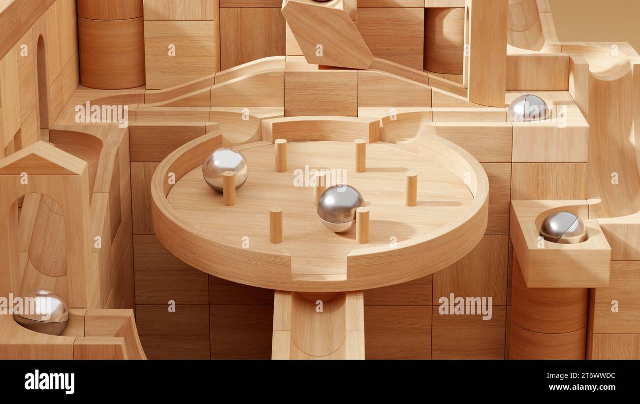 Wooden marble run machine on plain background. Rolling ball toys with ...