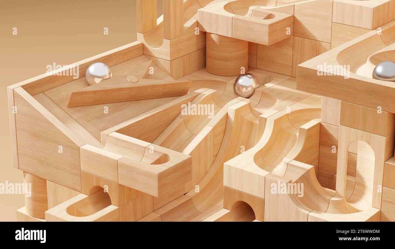 Wooden marble run machine on plain background. Rolling ball toys with ... Wooden marble run machine on plain background. Rolling ball toys with ...