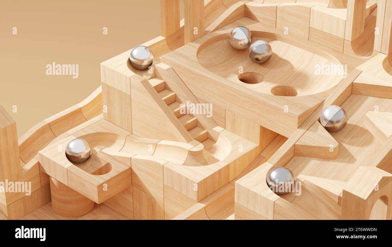 Wooden marble run machine on plain background. Rolling ball toys with ...