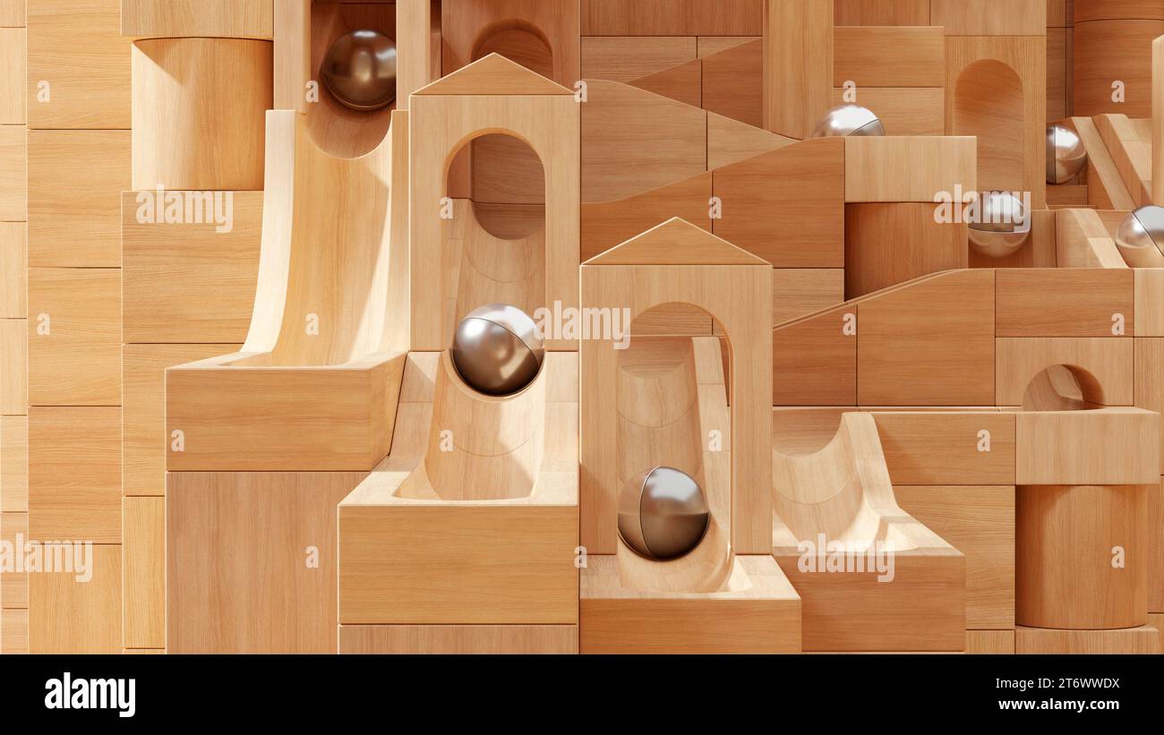 Wooden marble run machine on plain background. Rolling ball toys with ...