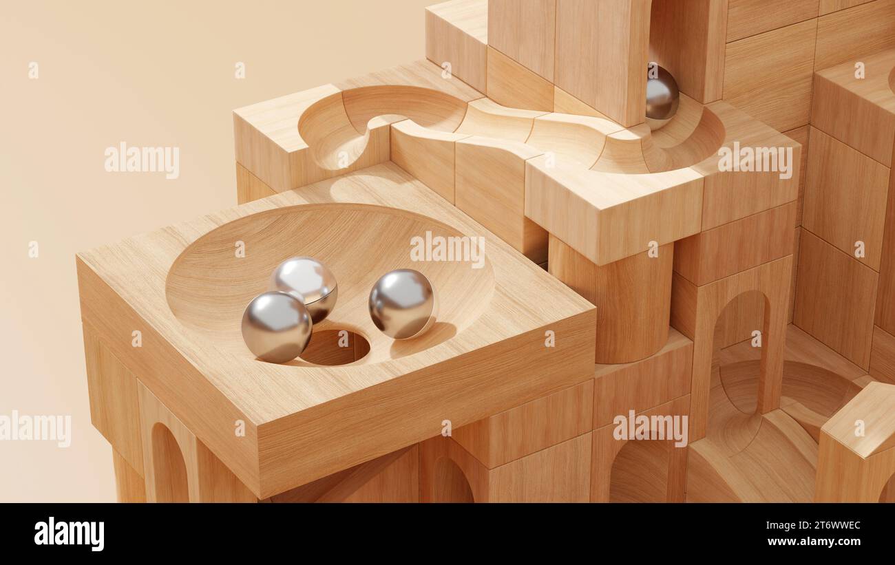 Wooden marble run machine on plain background. Rolling ball toys with ...