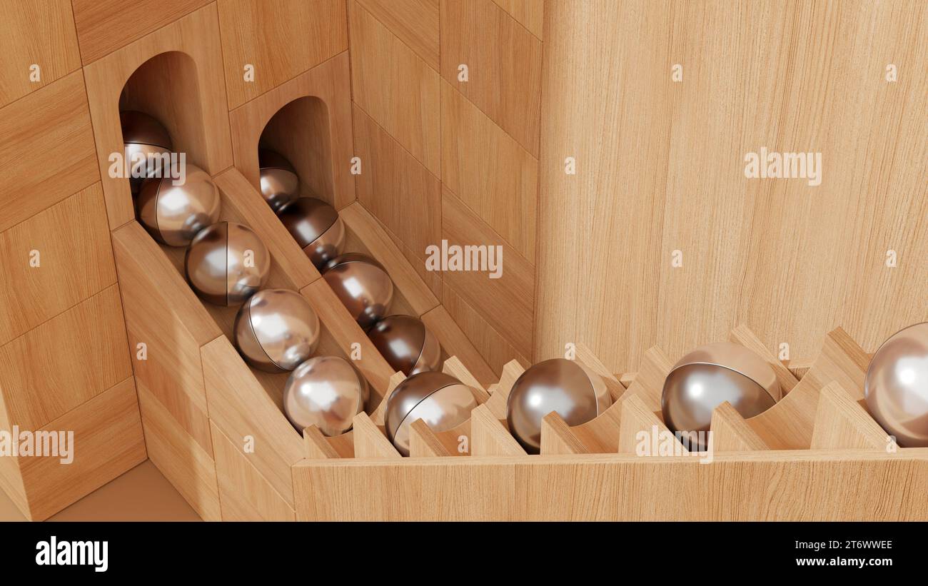 Wooden marble run machine on plain background. Rolling ball toys with ...